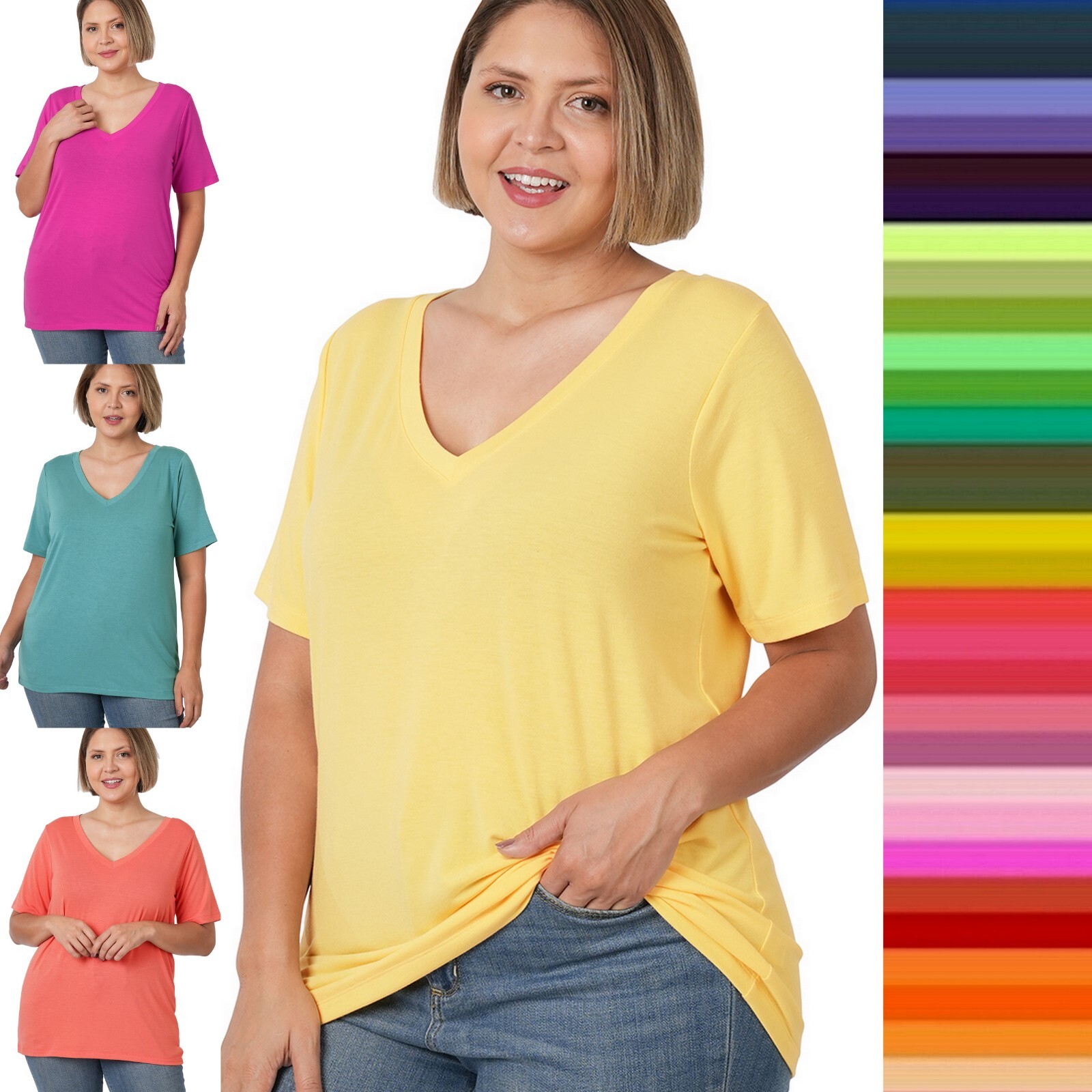 1X 2X 3X Women V-Neck T-Shirt Short Sleeve Soft Stretch Basic Tee Plus ...