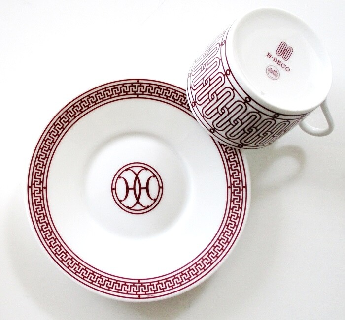 Hermes H Deco Red Tea Cup Saucer Tableware 2 set Coffee Cafe Latte Auth ...
