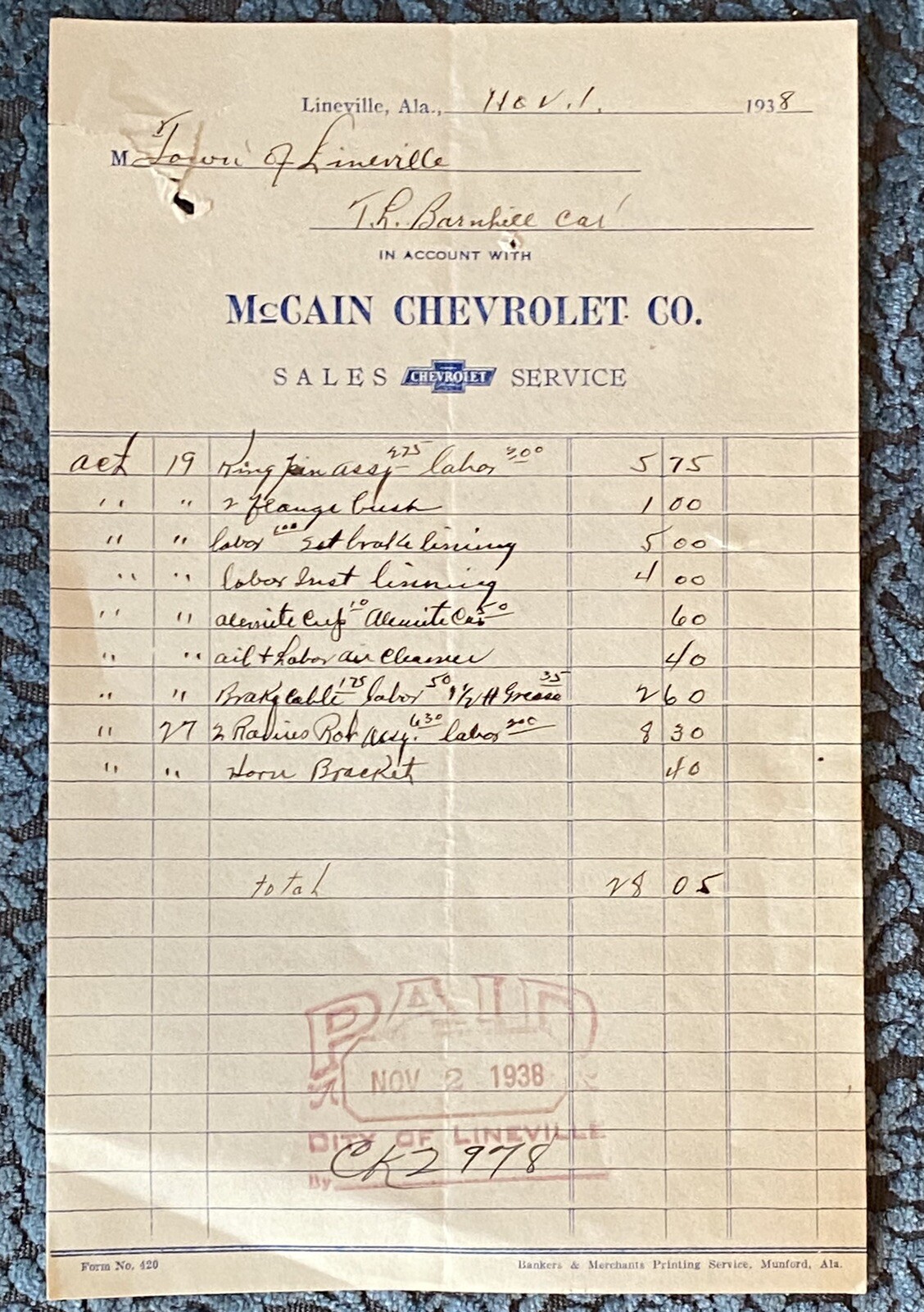 1938 McCain Chevrolet Co. Receipt 5.5” X 8.5” Lineville, Alabama | eBay