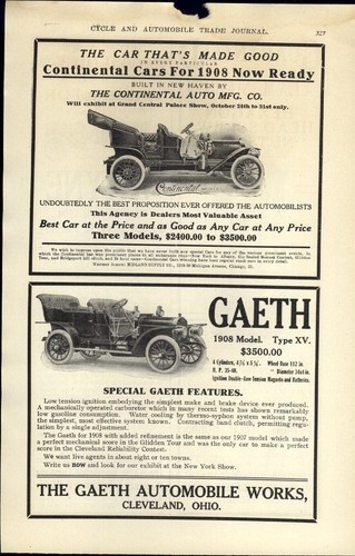 1907 PAPER AD CAR AUTO Continental Automobile 1908 Gaeth Type XV Wayne ...