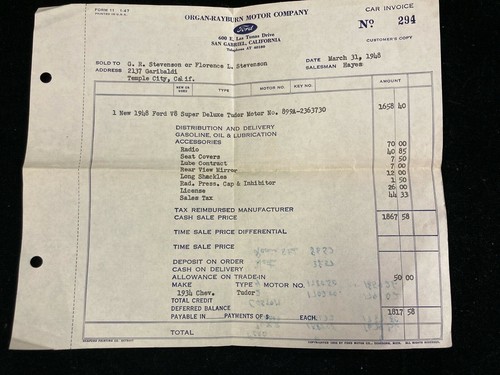 VINTAGE 1948 FORD V8 SUPER DELUXE AUTO DEALER TYPED CAR SALES PURCHASE ...