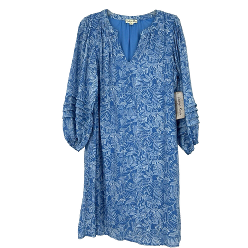 NEW Indigo Rose Boho Shift Dress Blue Botanical Leaves Split Neck Size ...