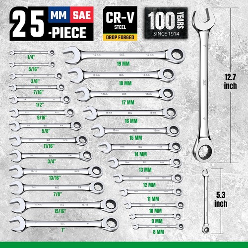 Ratcheting Wrench Set, Combination Wrench Set, 25-Piece, SAE 1/4" to 1 ...