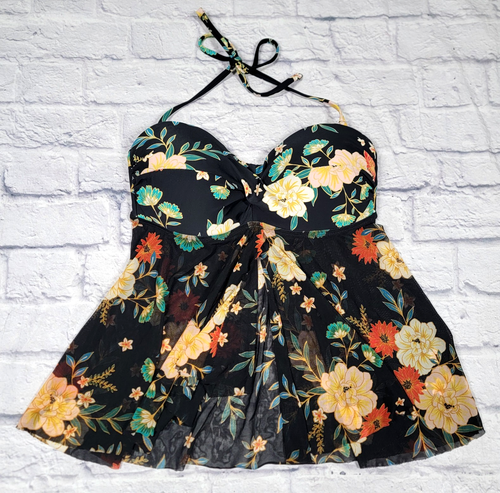 Kona Sol Medium Bandeau Sheer Flyaway Tankini Bikini Swim Black Floral ...