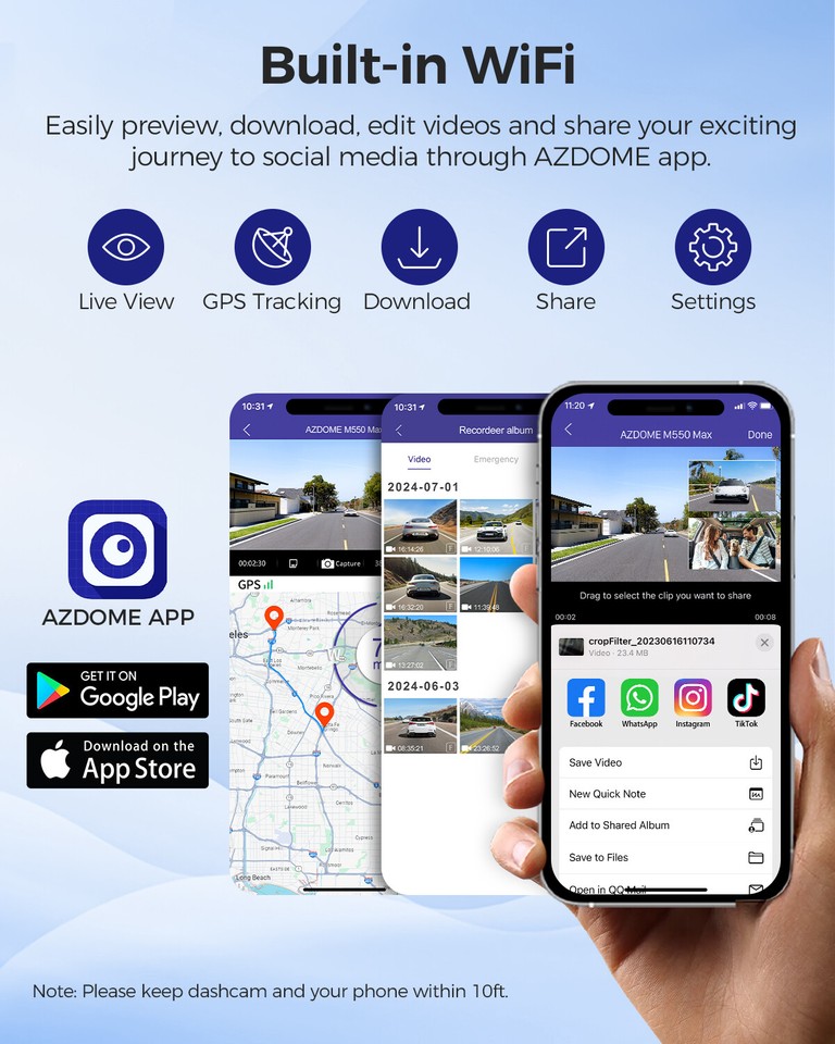 AZDOME M550 Max Triple Car Dashcam 4K+1080P+2.5K WiFi GPS 6 IR Night ...