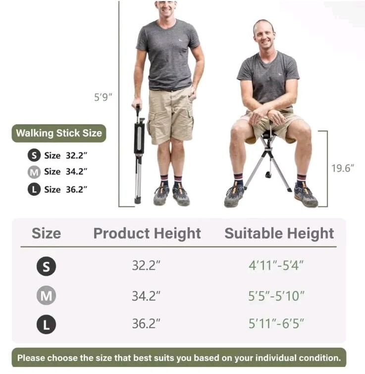 STEP2GOLD TaDa Chair Series 2 Hiking Pole Cane W/ Seat 34.2” Black ...