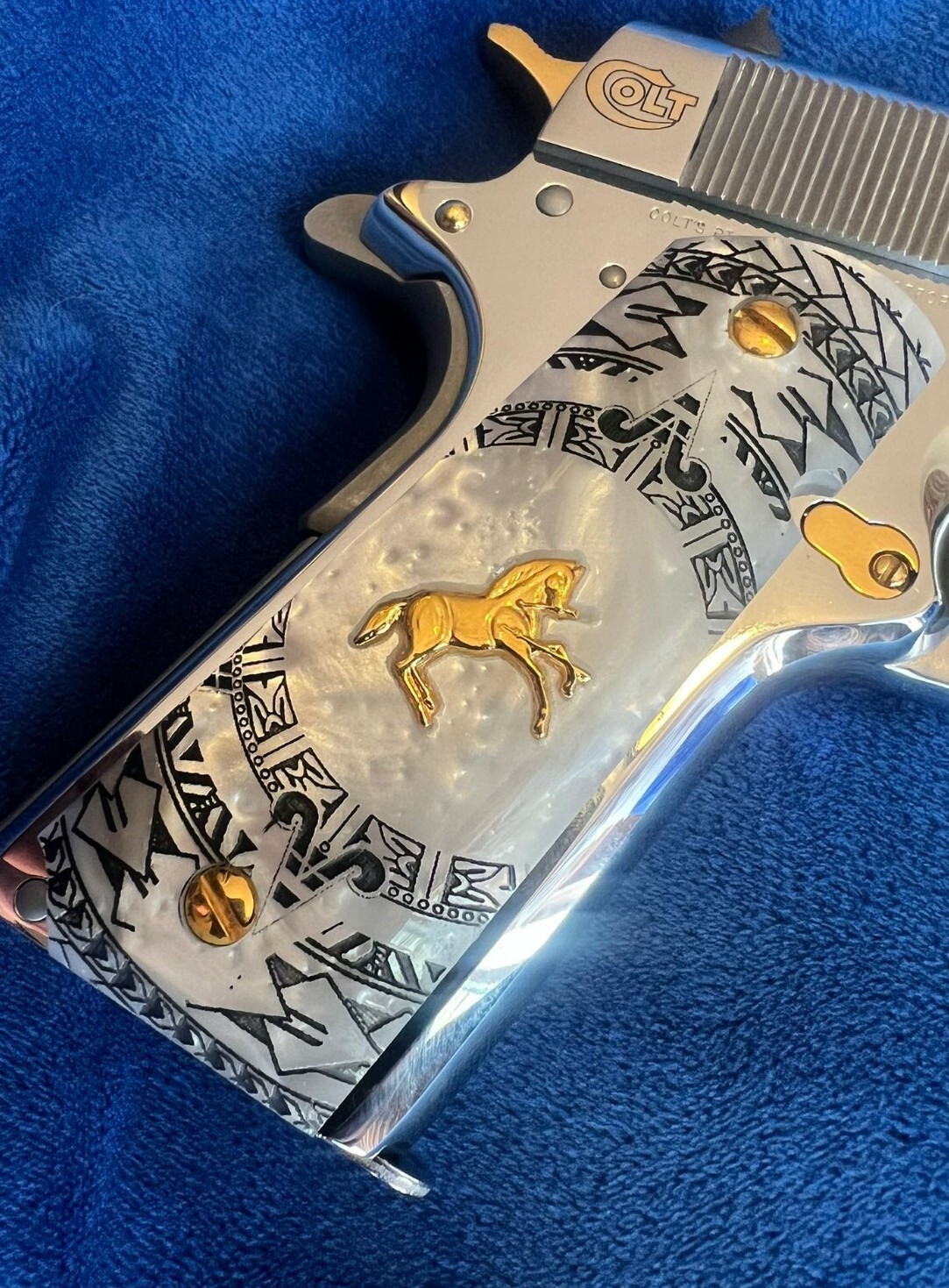 1911 Colt Gold Horse Plated Pearl Aztec Motif Engraved grips 45 38 ...
