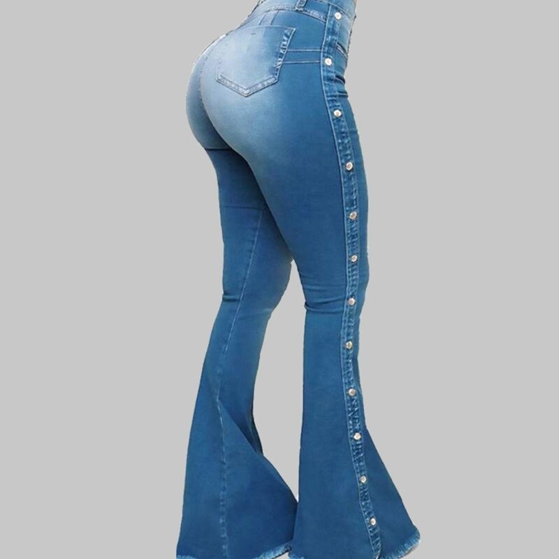 Women's High Waist Stretch Jeans Tall Long Leg Denim Flared Pants Blue ...