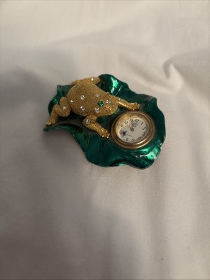 Mini Elgin Gold Frog On Green Lily Pad Desk Clock Bee Second Hand WORKS ...