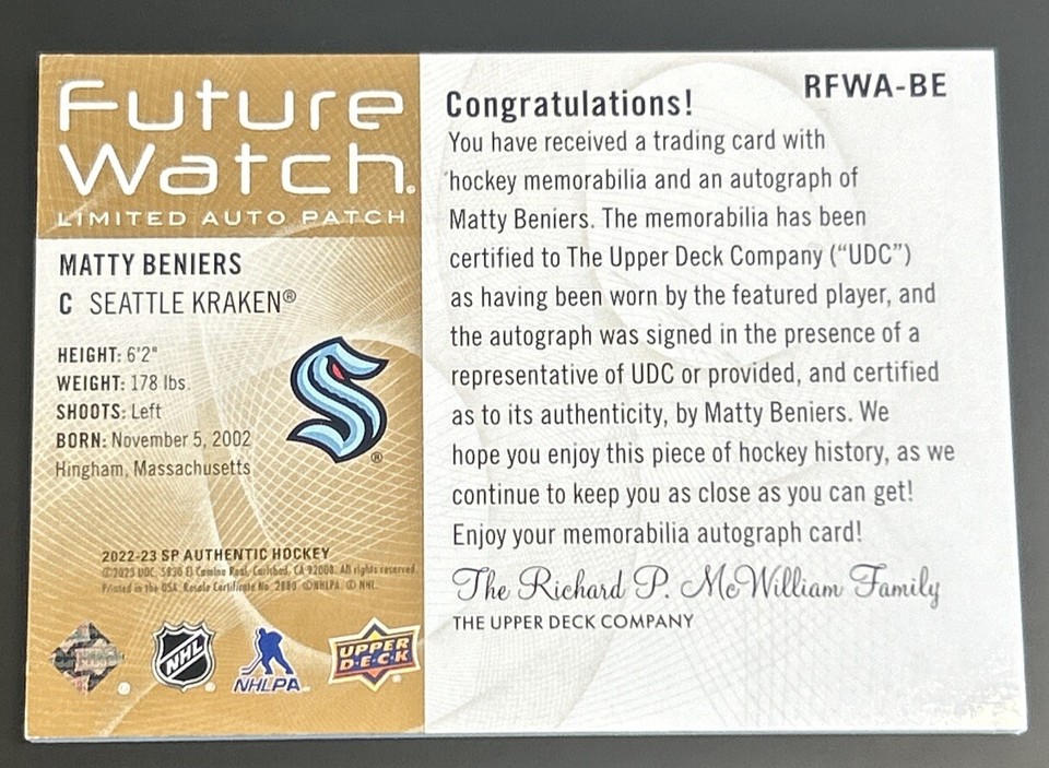 2022-23 Sp Authentic Future Watch Auto Patch Retro 07/25 Matty Beniers ...