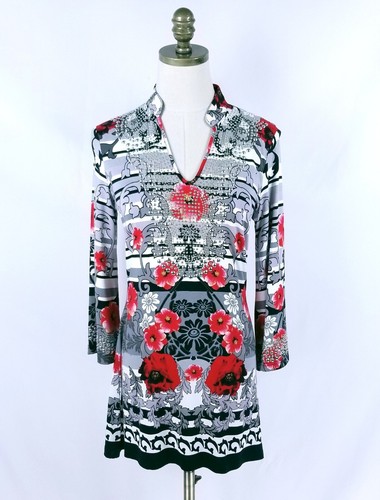 V Cristina Tunic Size S Gray Red Studded Floral Striped 3/4 Sleeve Top ...