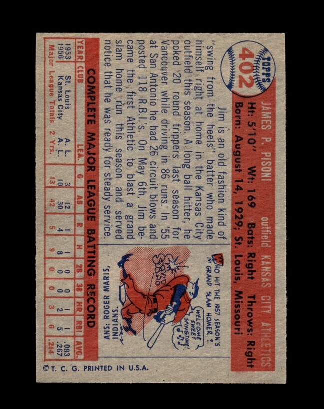1957 Topps Set-Break #402 Jim Pisoni EX-EXMINT *GMCARDS* | eBay