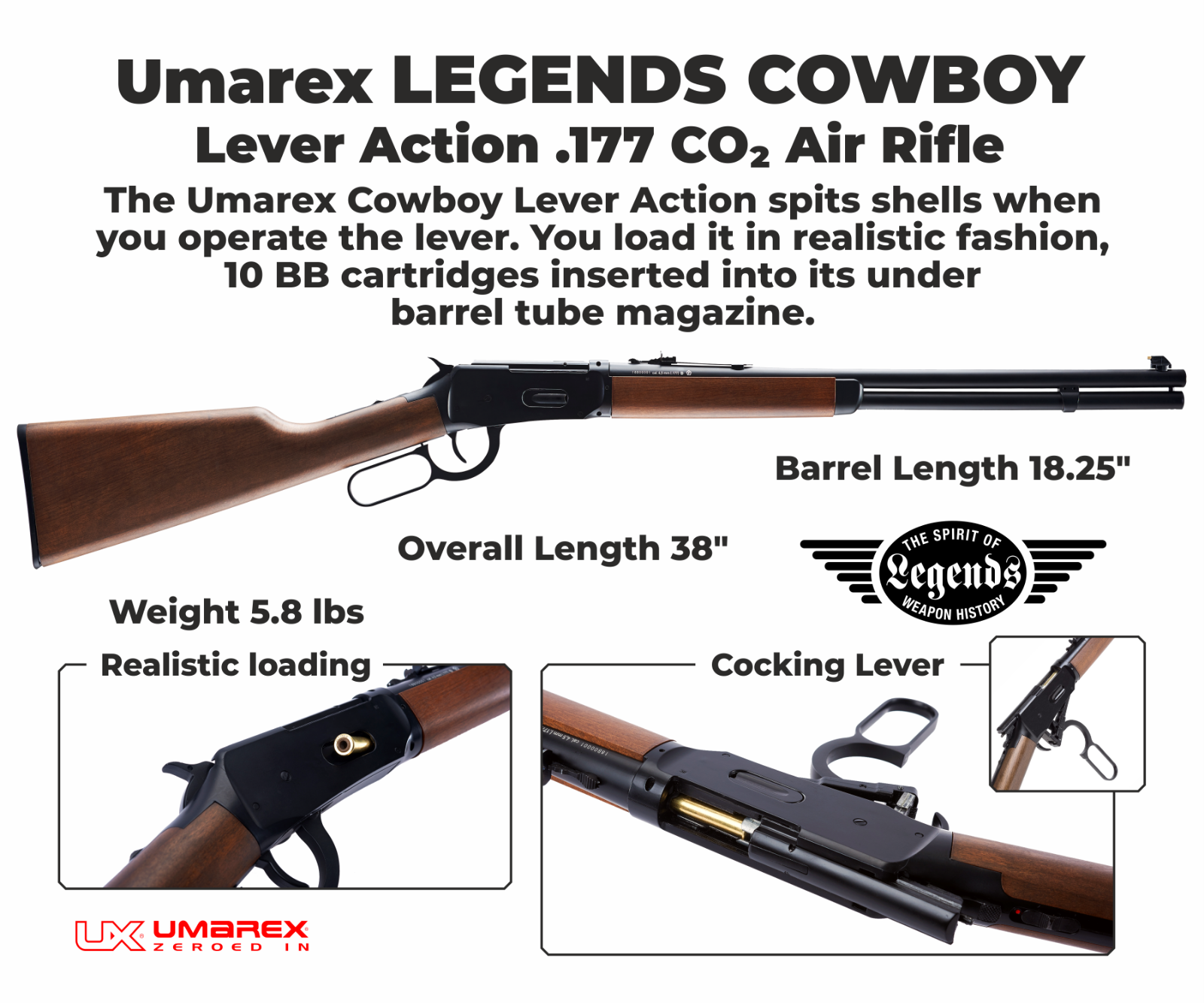 Umarex Legends Cowboy .177 Calibe Lever Action Air Rifle with CO2 and ...