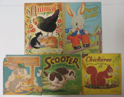 Vintage 1940's FLOCKED BOOKS Fuzzy Wuzzy Whitman Chickaree Bunny ...