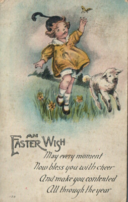 Vintage Easter Postcard - Girl with a Lamb Chasing a Buterfly | eBay