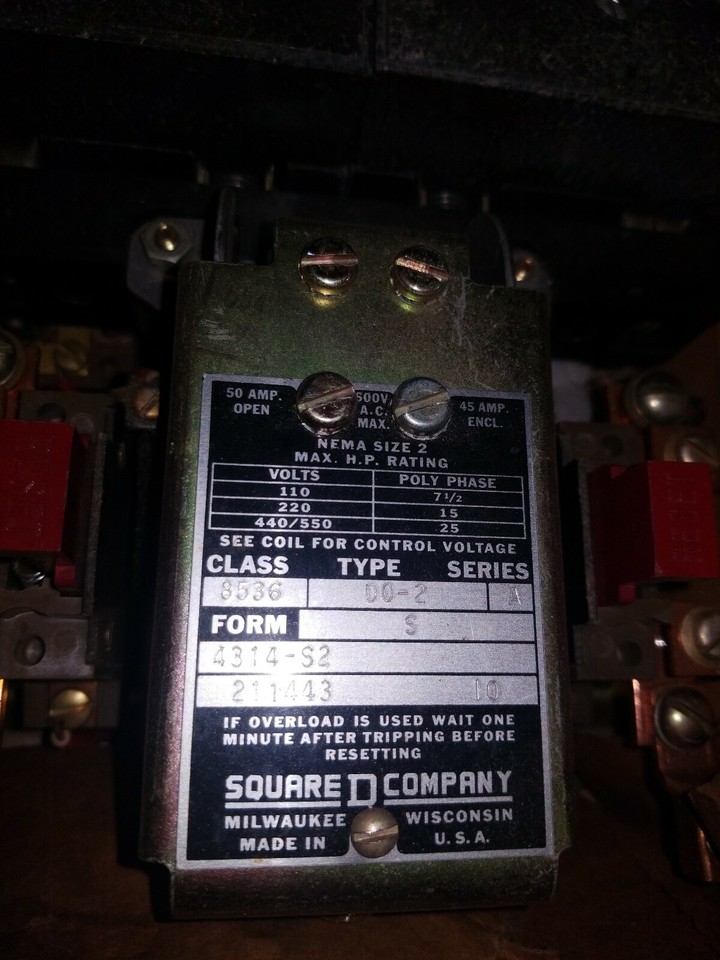 Square D Size 2 Mag Starter Class 8536 Type DO2 Series A Form 4314-S2 ...