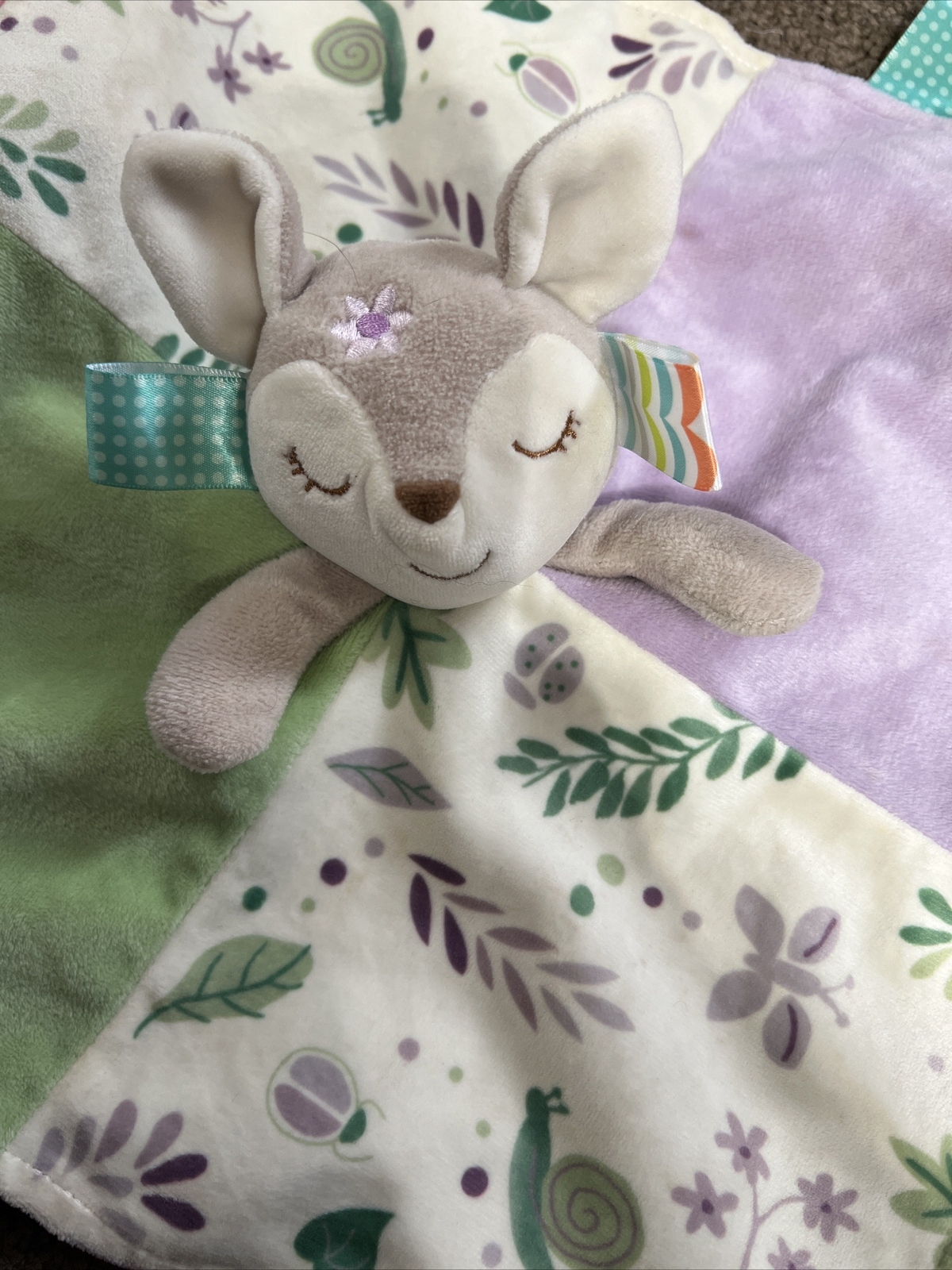 Taggies Mary Meyer Plush Deer Flora Fawn Lovey Purple Green hand held ...