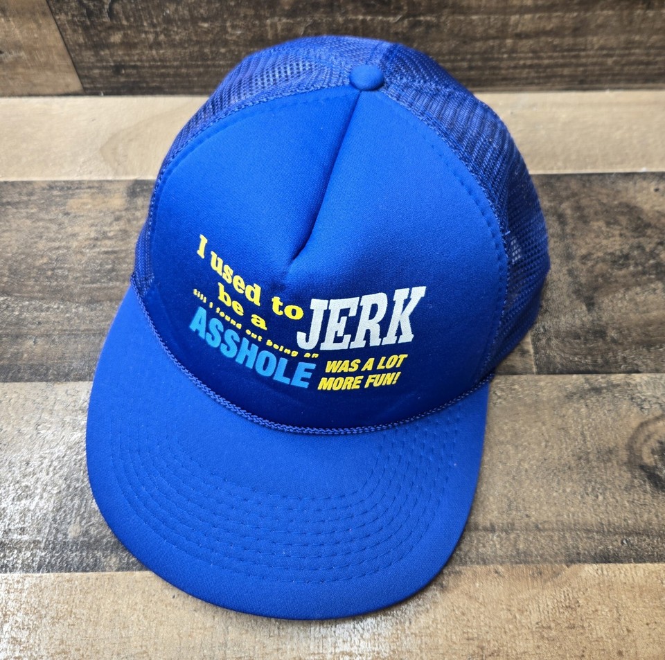 Vintage Jerk Trucker Hat Mesh Snapback Cap Funny Quote Adult Humor Blue ...