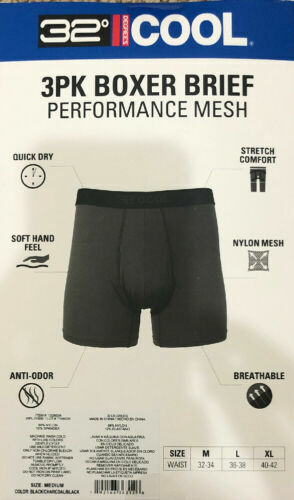 32 Degrees COOL Men's 3PK Performance Mesh Boxer Briefs MEDIUM 32-34 ...