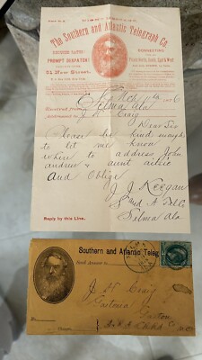 The Southern & Atlantic Telegraph Cover & Matching Telegram Alabama to ...