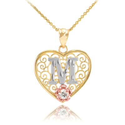 10k Solid Gold Initial Letter M Heart Filigree CZ Pendant Necklace | eBay