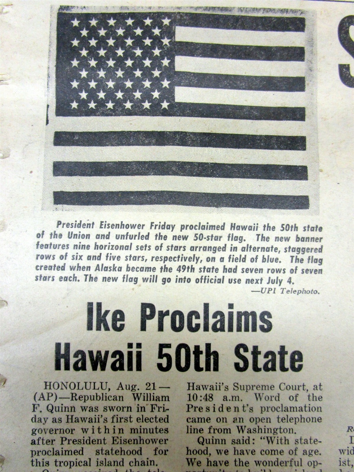 1959 newspaper STATEHOOD of HAWAII is ANNOUNCED by President DWIGHT D ...