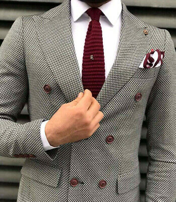 Designer Two Rows of Buttons Suit Black Grey Checked Suit Fitted Slim ...