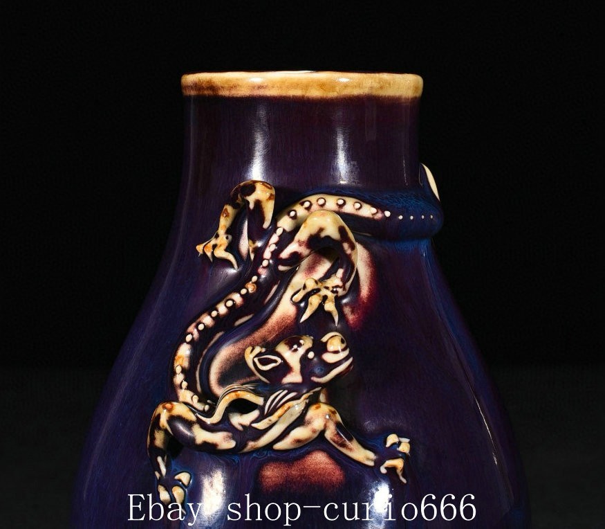 7"Old Qing Dynasty Purple glaze Porcelain Dragon Loong Beast Flower ...