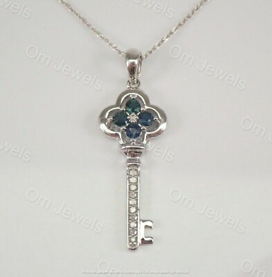 1Ct Round Cut Blue Sapphire Key Shape Pendant 14K White Gold Finish ...