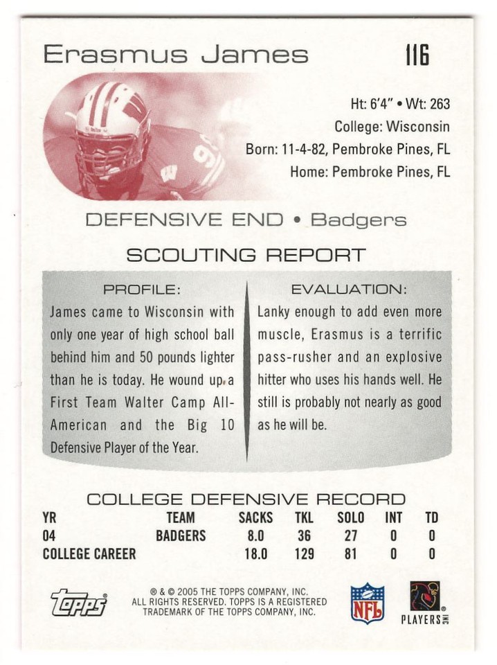 2005 TOPPS DRAFT PICKS AND PROSPECTS #116 ERASMUS JAMES RC MINNESOTA ...