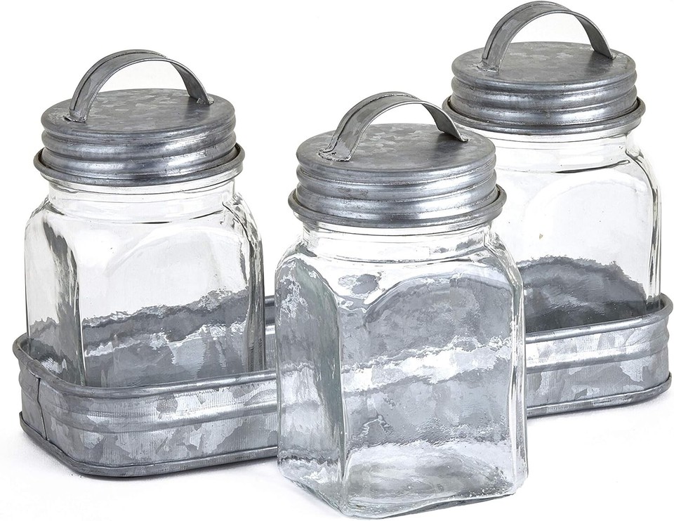Farmhouse Country Glass Canister Set Galvanized Metal Lids w/ Tray Jars ...