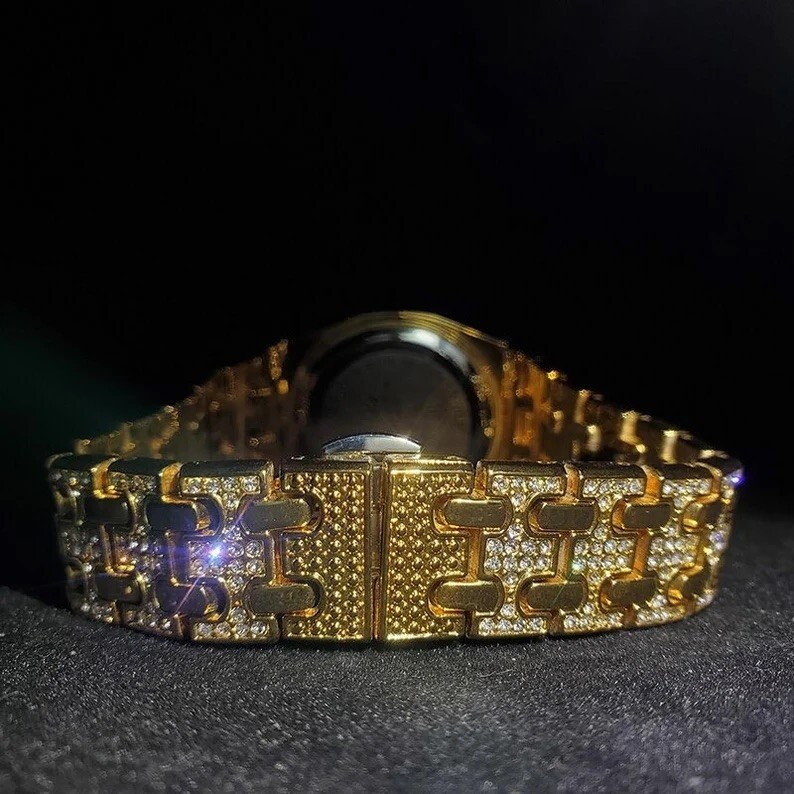Mens Bling Watch Luxury Gold Plated Out Diamond Hip Hop Rapper Iced ...