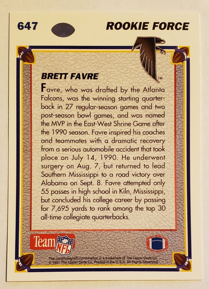 Brett Favre 1991 Upper Deck #647 ROOKIE FORCE | eBay