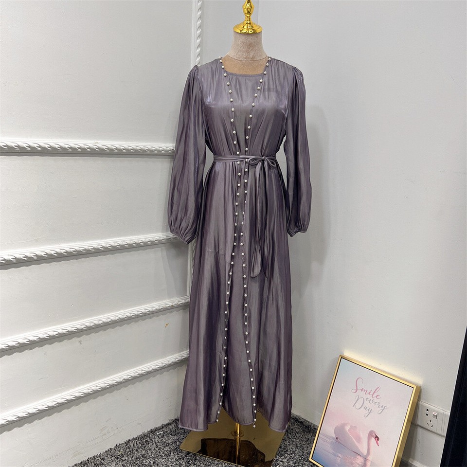 Open Cardigan Women Muslim Satin Abaya Dress Two Piece Set Modest Robe ...