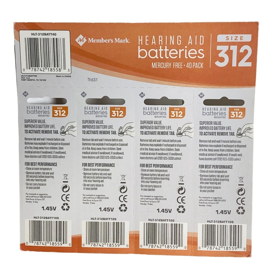 Member's Mark Hearing Aid Batteries Size Format 312, 1.45 Volt, 40 Pack ...