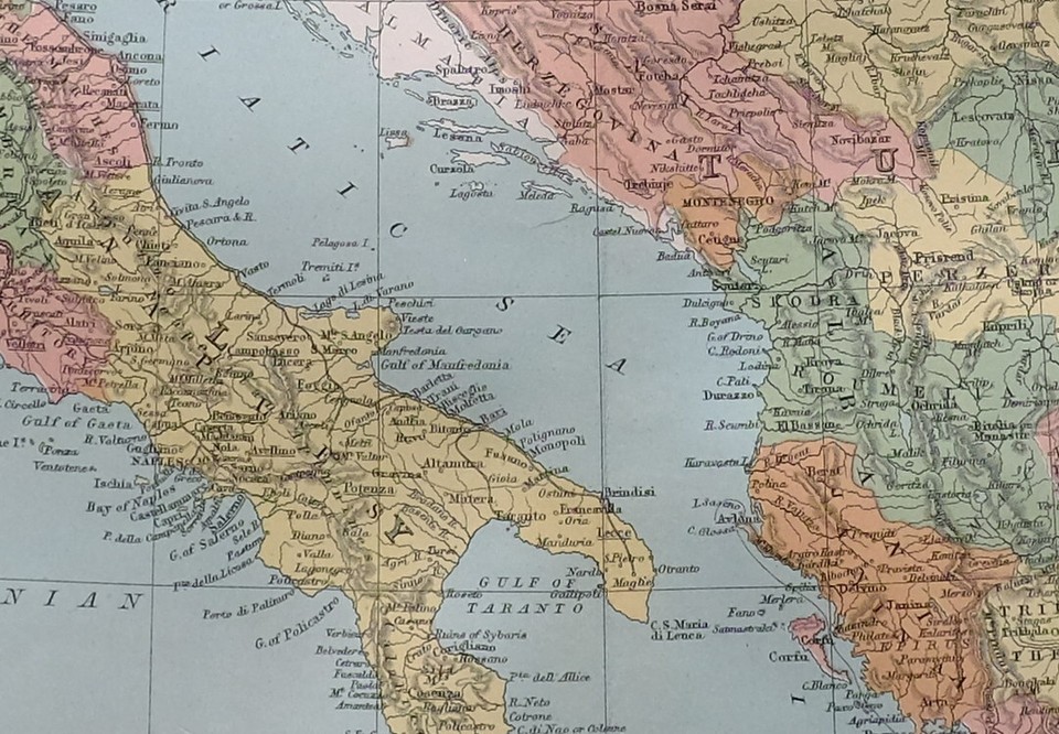 1871 MAP ITALY TURKEY IN EUROPE GREECE SARDINIA SICILY RUMILI BULGARIA ...