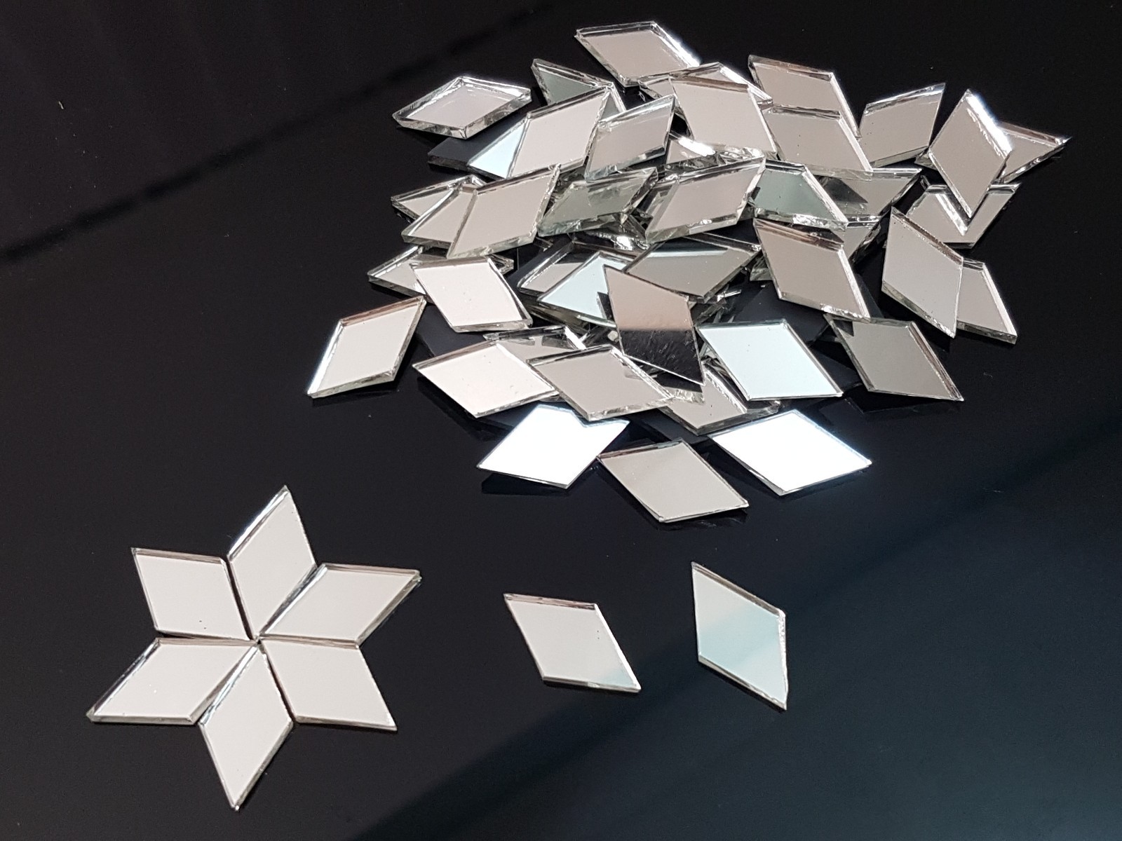 100 pieces, Silver Glass Mirror, Diamond Shape, 1 x 2 cm, 2 mm thick ...