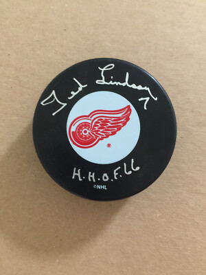 TED LINDSAY HHOF 66 Inscription Signed Hockey PuckAUTO Autograph ...
