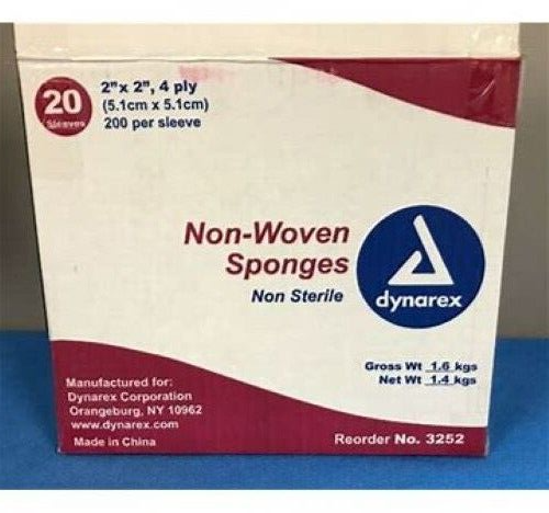 Non-Woven Sponges, 2"x 2", 4 Ply, Dynarex, 200/Sleeve, 20 Sleeves/Case ...
