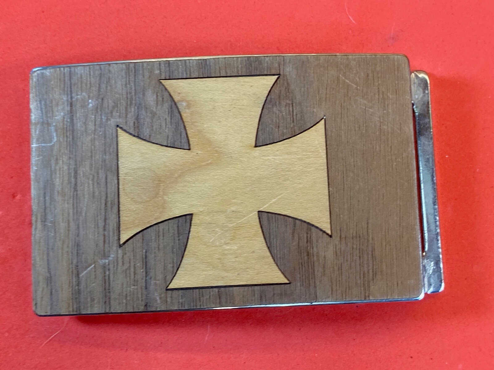Vintage? Wood Layered Iron Cross Belt Buckle - Gem