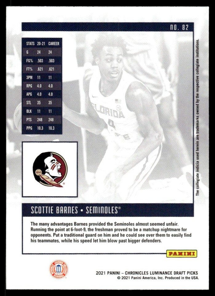 2021-22 Panini Chronicles Luminance Basketball Card Scottie Barnes ...