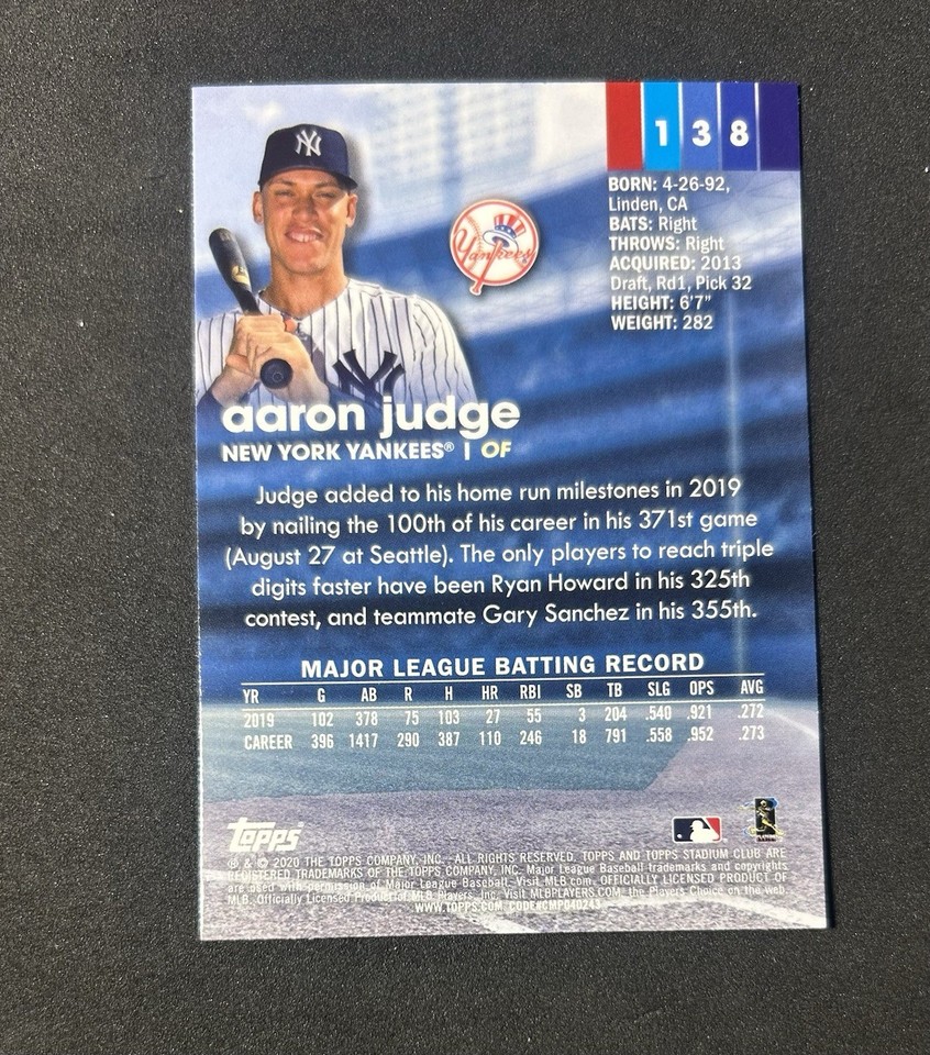 2020 Topps Stadium Club Chrome Aaron Judge Fist bump Iconic 138 Yankees ...