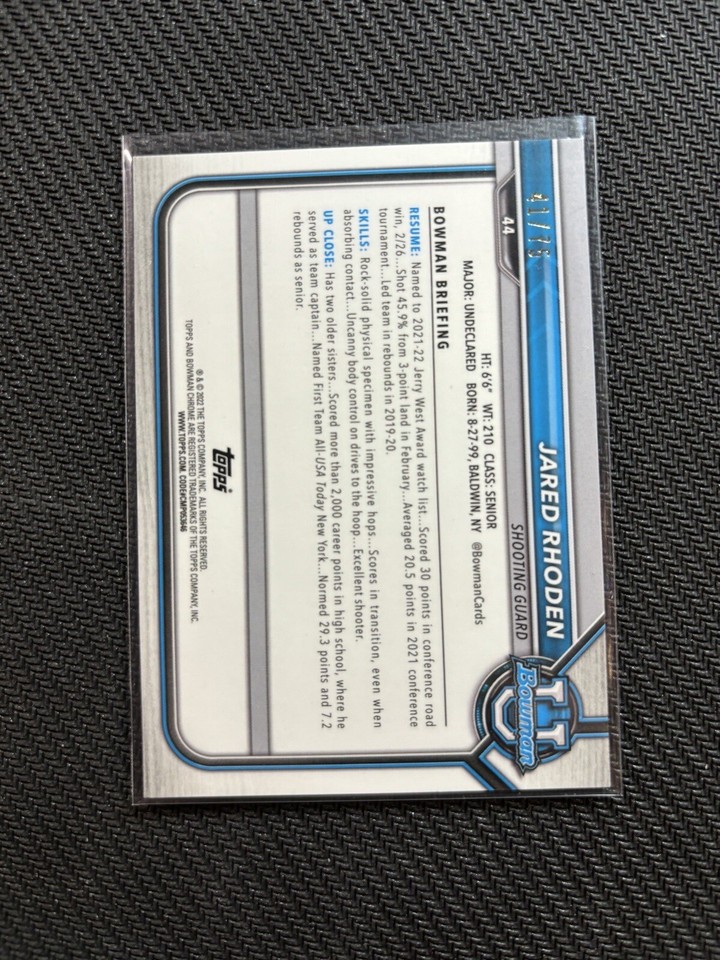 2021-22 Bowman Chrome U Jared Rhoden 1st Yellow Refractor /75 RC #44 ...