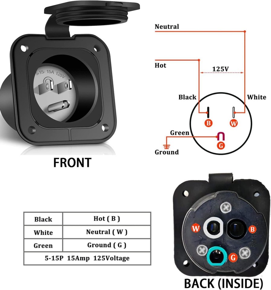 Waterproof 15 Amp Flanged Inlet 125V NEMA 5-15 RV Shore Power Inlet ...