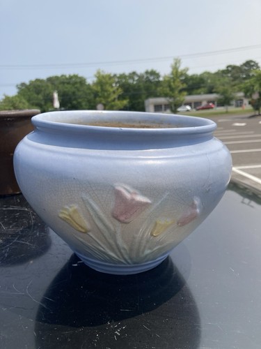 Vintage Hull Large TULIP Jardiniere Planter Pot Art Pottery Matte Blue ...
