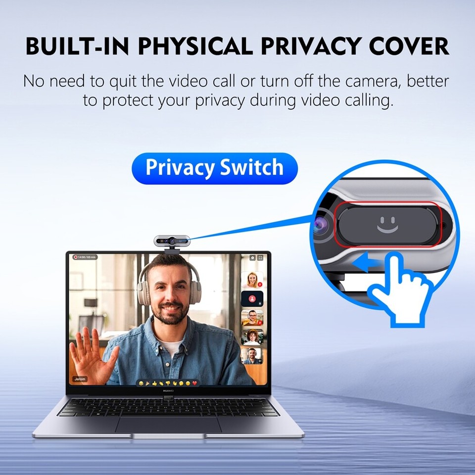 TOALLIN 2K QHD Webcam Auto-Focus Windows Hello Privacy Shutter with ...