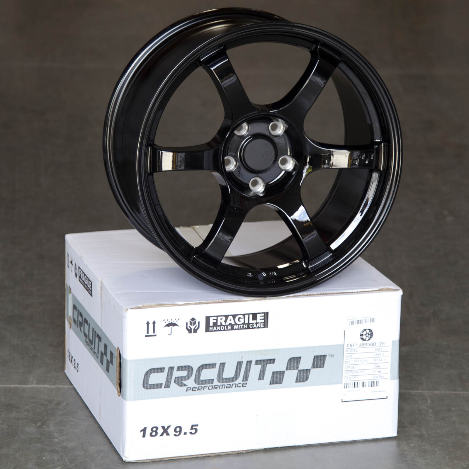 CIRCUIT CSF1 18x9.5 5x114.3 +25mm GLOSS BLACK 57DR SPUN FORGED WHEELS ...