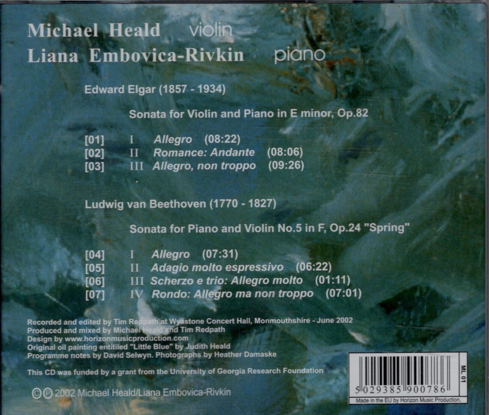 Elgar Sonata Music CD Michael Heals Violin And Liana Embovica Rivkin ...