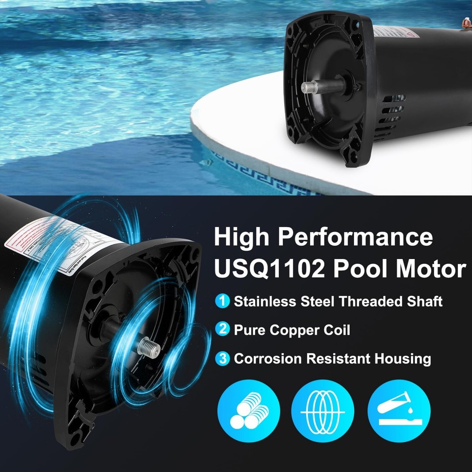 USQ1102 Square Flange 1 HP Up-Rated 48Y Pool Filter Motor Century A.O ...