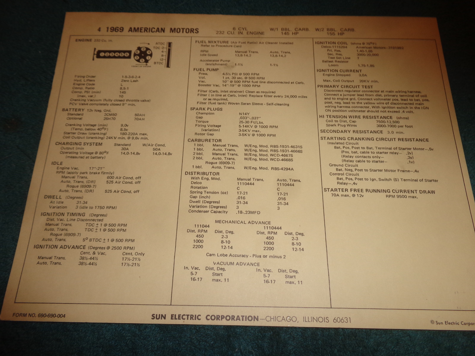 1969 AMERICAN MOTORS / AMC 232 I-6 ENGINE SUN TUNE-UP CHART / USEFUL ...